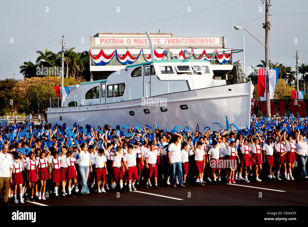 Cuban students and Granma yacht at military parade in Havana, Cuba for ...