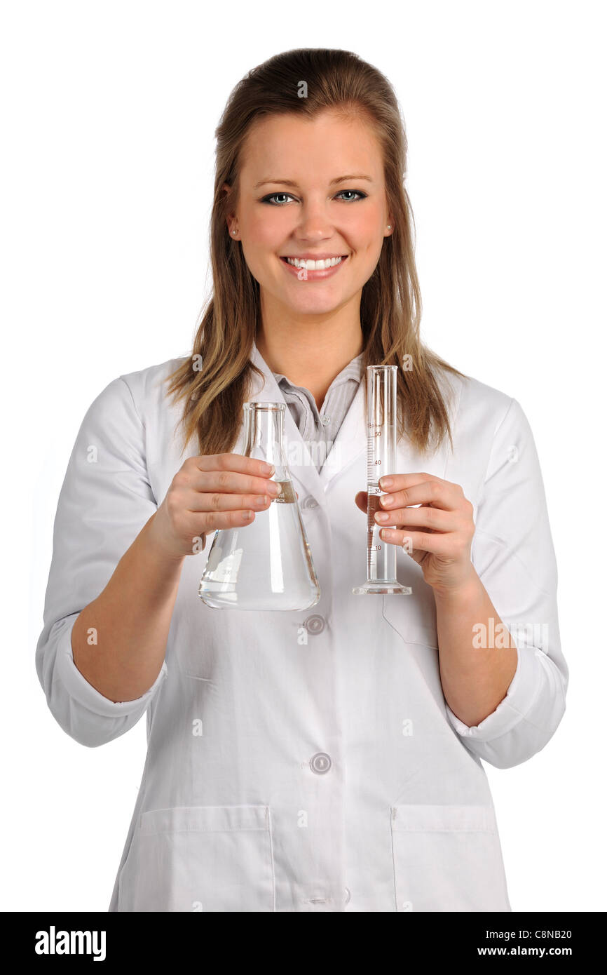 Portrait of beautiful lab worker holding glassware isolated over white ...