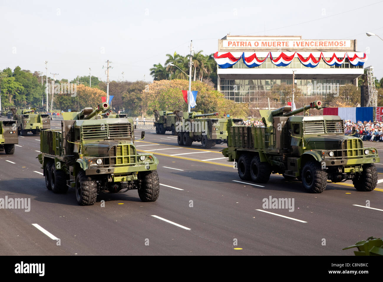 Trucks and guns at military parade in Havana, Cuba for the 50th ...