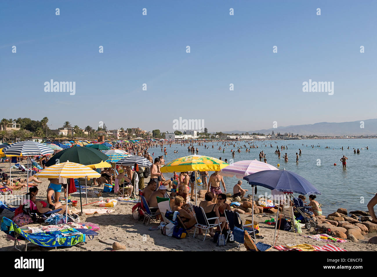 Italy, Sardinia, Cagliari, Marina Piccola, western end of crowded ...