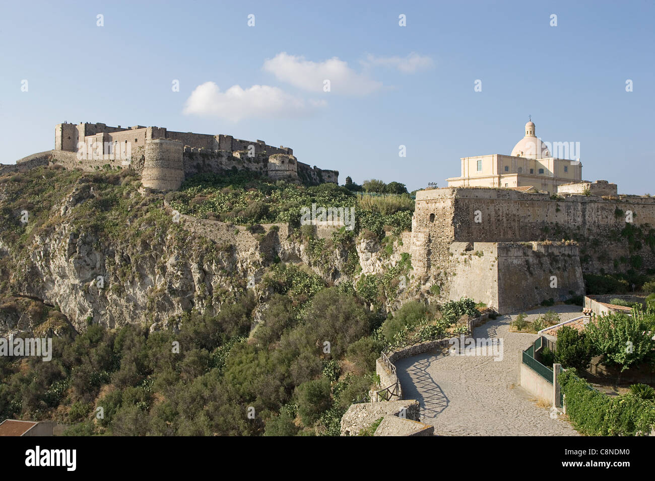 Italy, Sicily, Milazzo, the castle in the Borgo (upper town) and view ...
