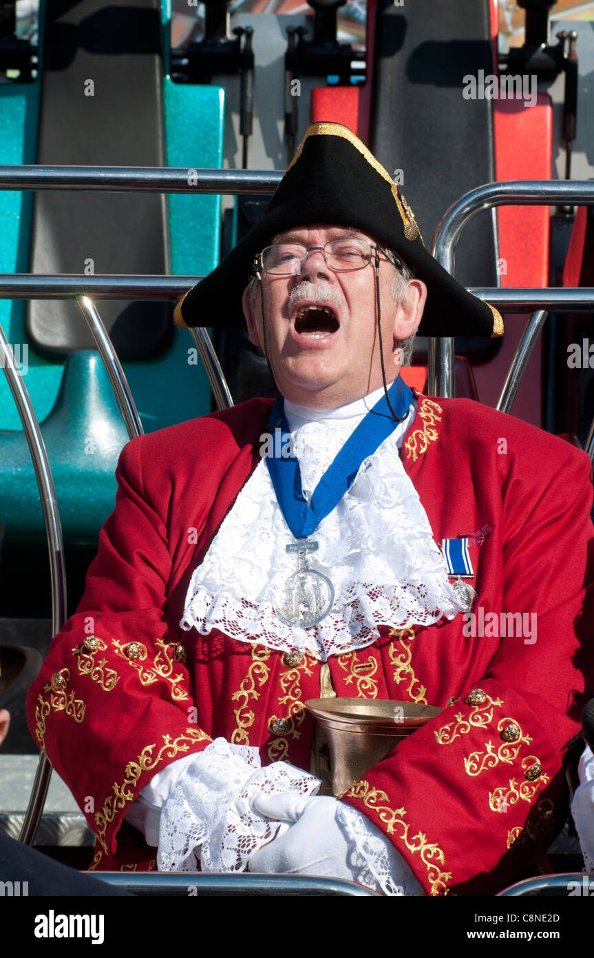 Town crier at Mayor`s official opening of Warwick Mop fair, Warwick, UK ...