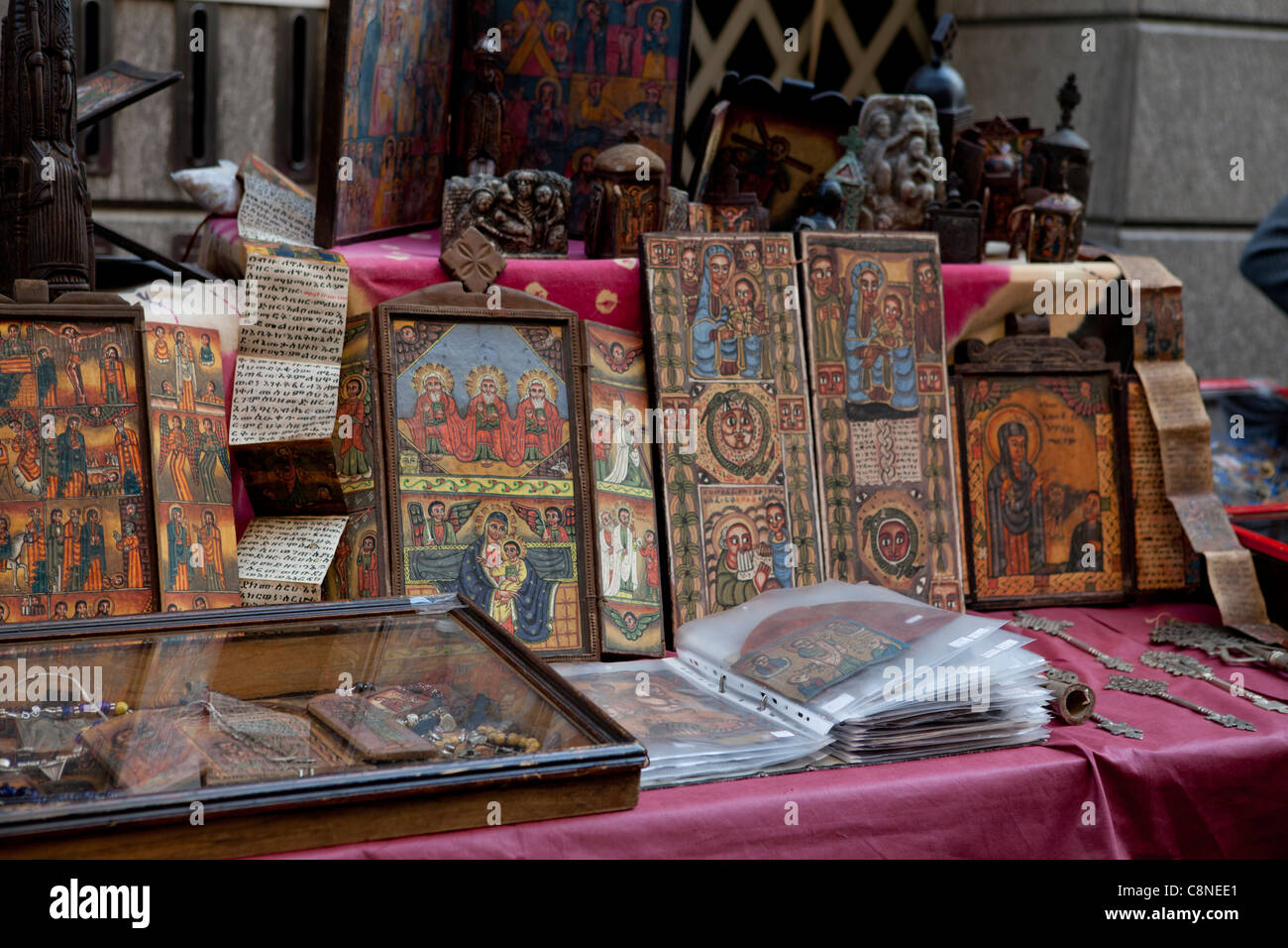 Religious icons for sale at second hand stall in Brera district, Milan ...