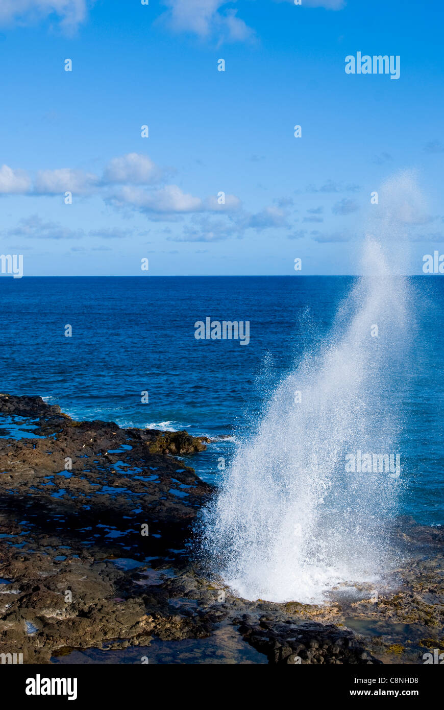 The sunny coastline of southern Kauai featuring Spouting horn where ...