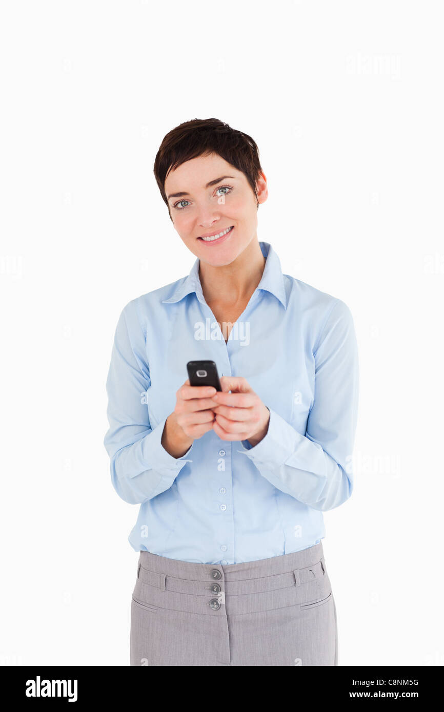 Happy businesswoman reading text messages hi-res stock photography and ...