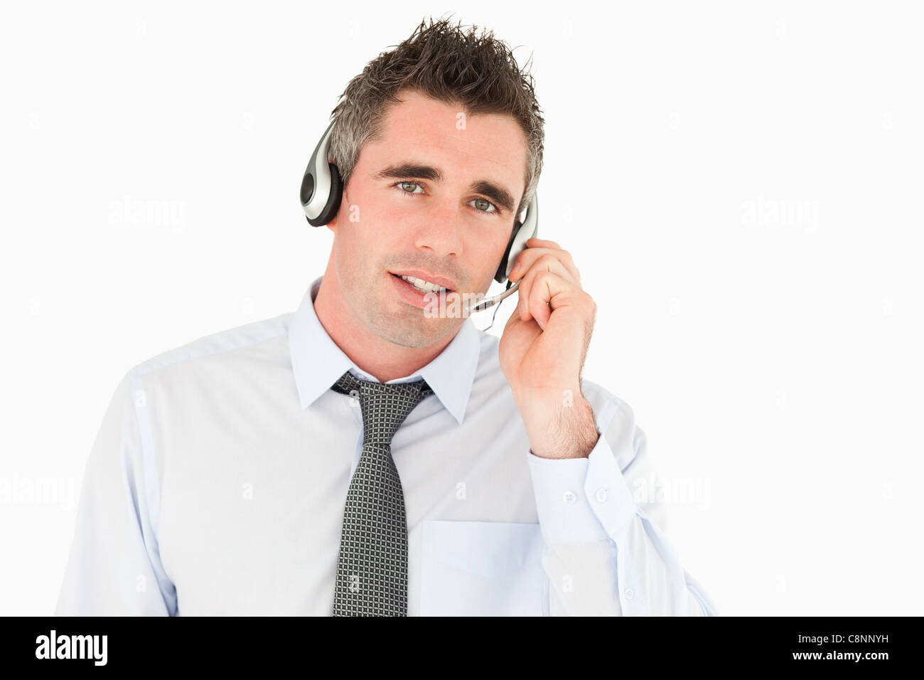 Operator speaking through a headset Stock Photo - Alamy