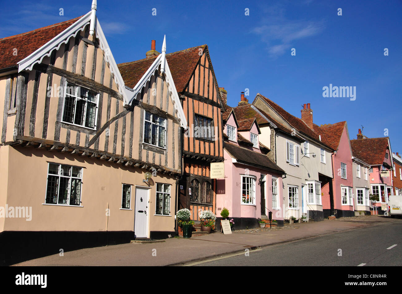 Half-timbered medieval cottages, High Street, Lavenham, Suffolk ...