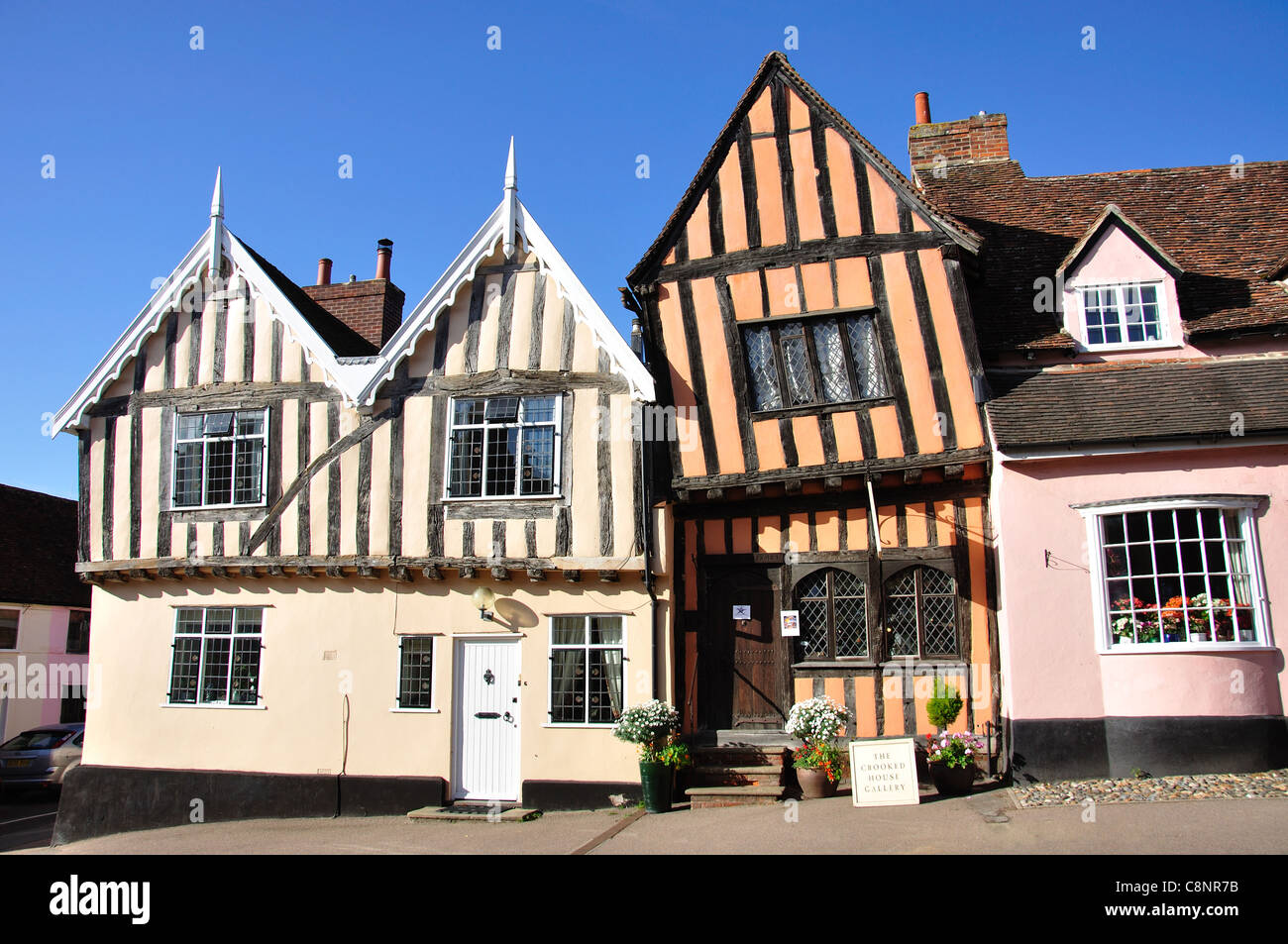 Half-timbered medieval cottages, High Street, Lavenham, Suffolk ...