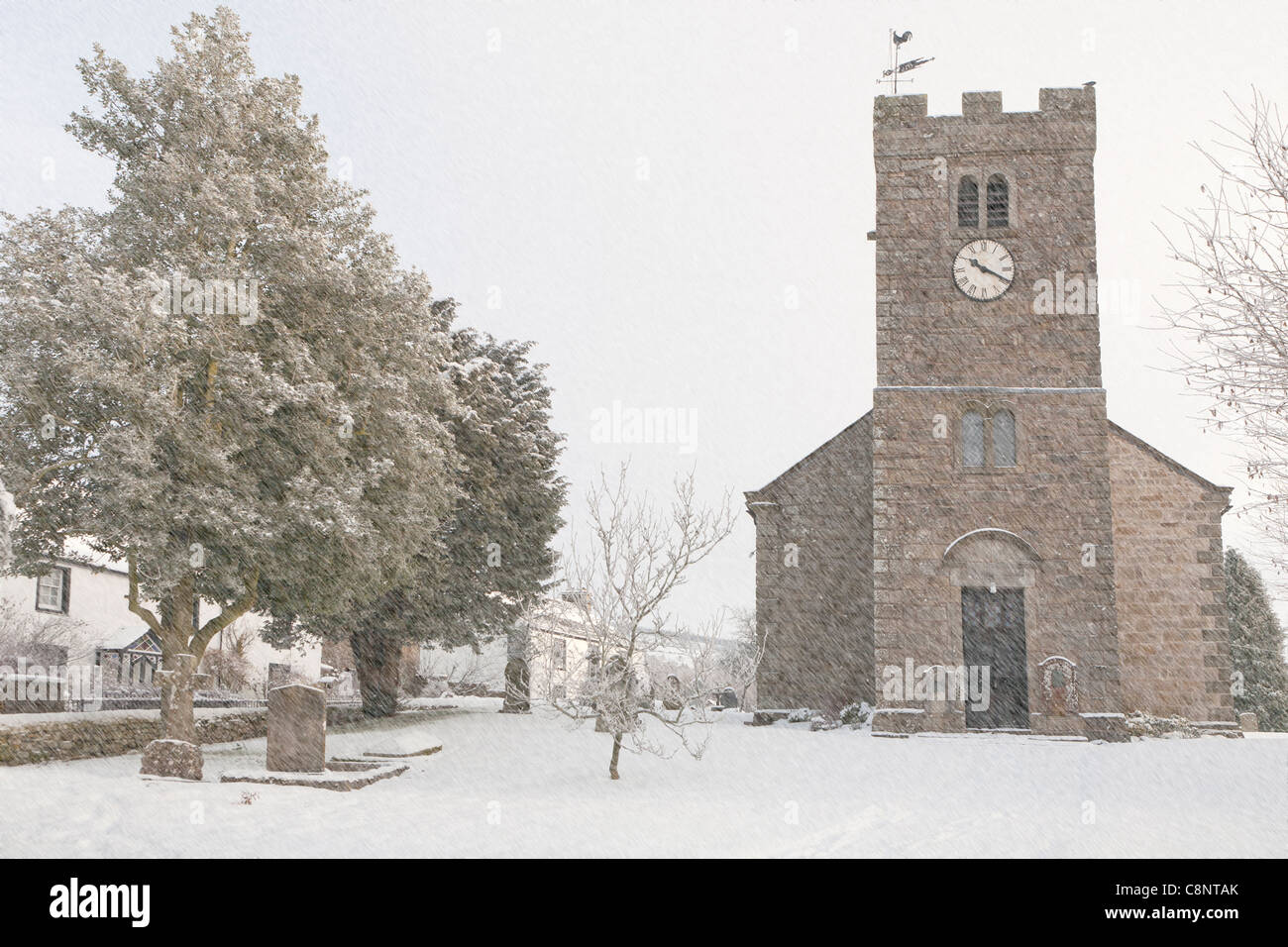 Country church and churchyard in winter with snow on the ground and in ...