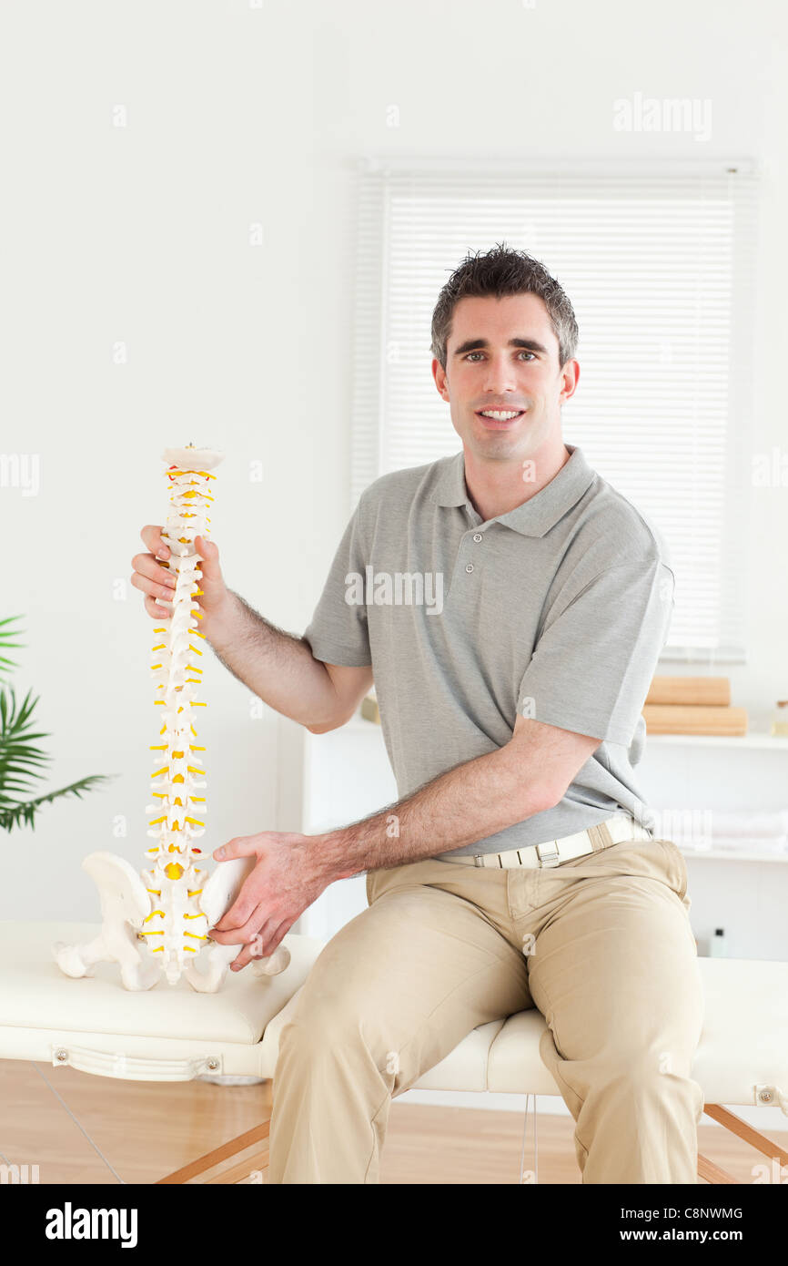 Chiropractor holding a model-spine looking into the camera Stock Photo ...