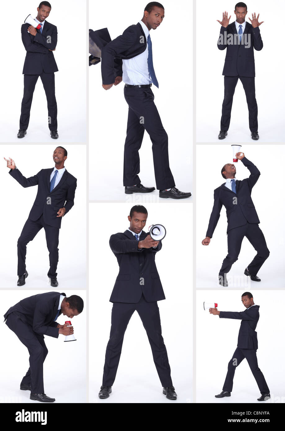 African businessman using bullhorn Stock Photo - Alamy