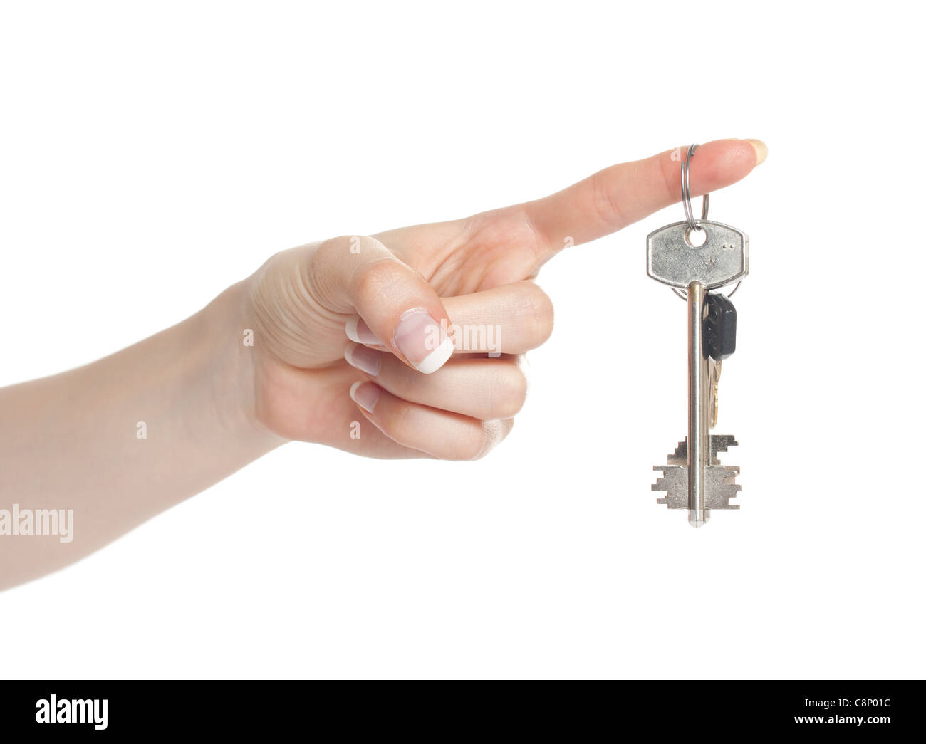Woman hand holding bunch of keys isolated on white background Stock ...