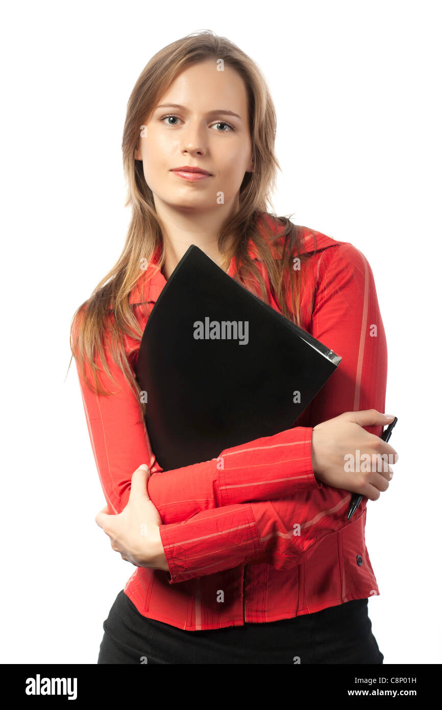 Pretty businesswoman with folder on white background Stock Photo - Alamy