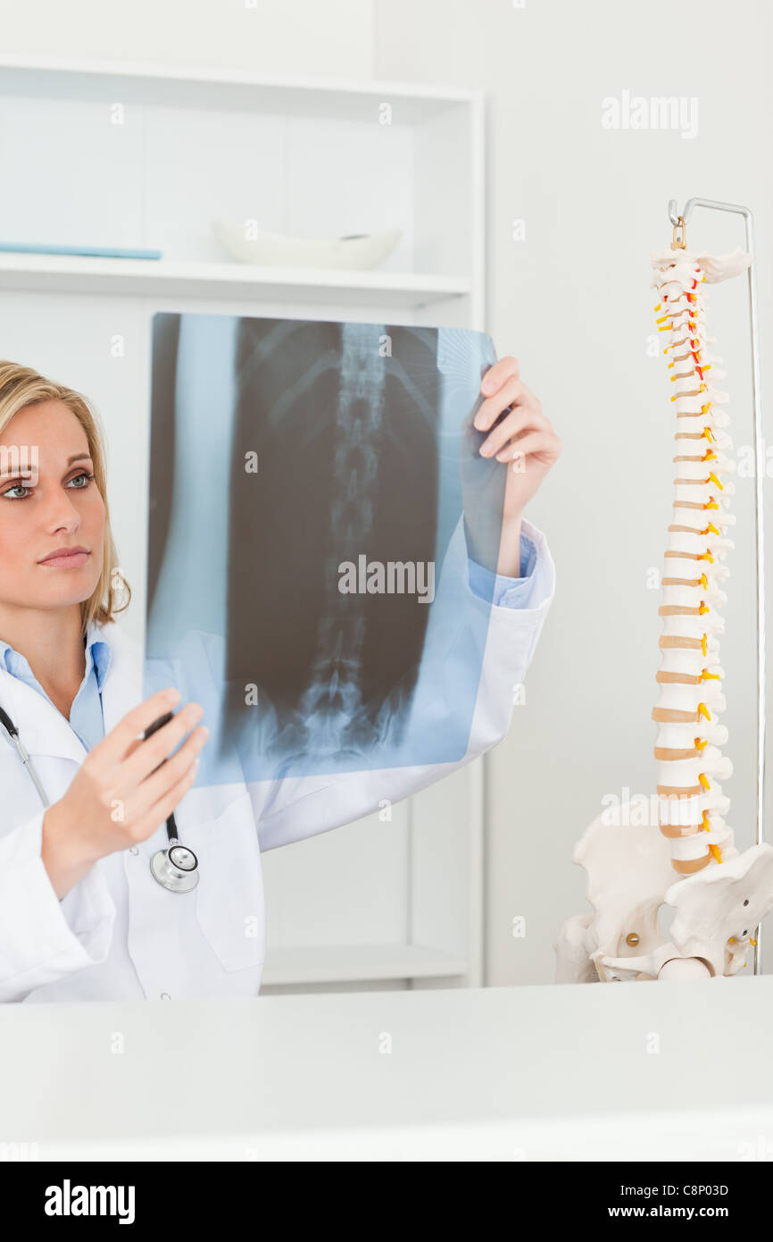 Sad looking doctor holding x-ray looking at it Stock Photo - Alamy