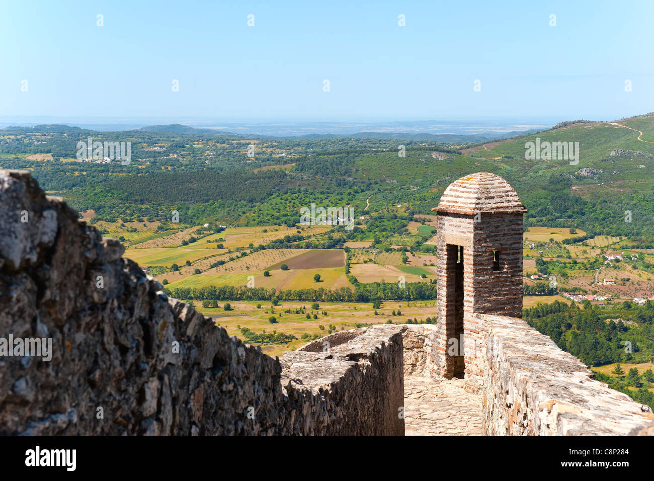 Marvao castle, watchtower and view from the ramparts over the Sierra ...