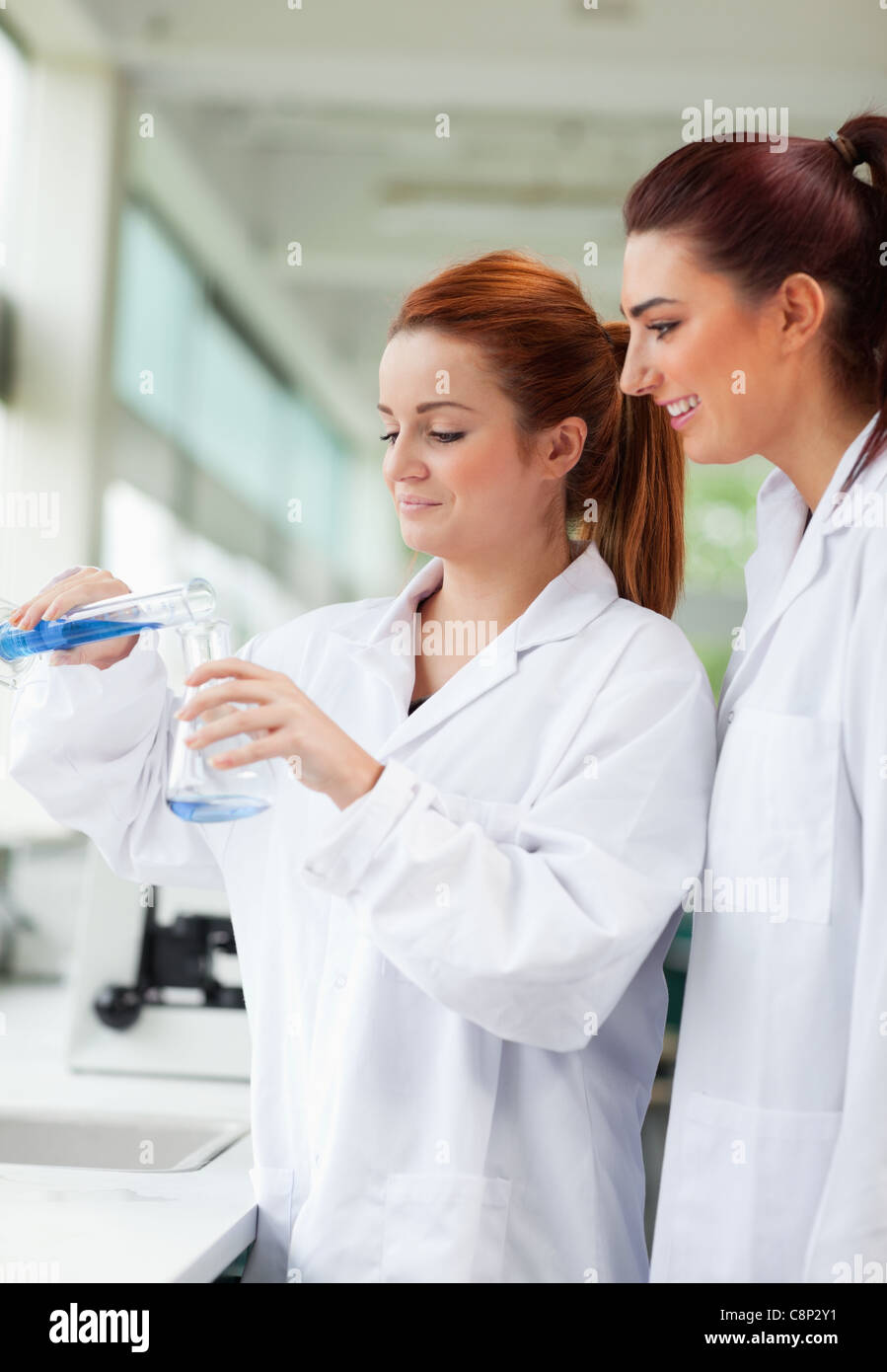 Portrait of scientists pouring liquid in an Erlenmeyer flask Stock ...