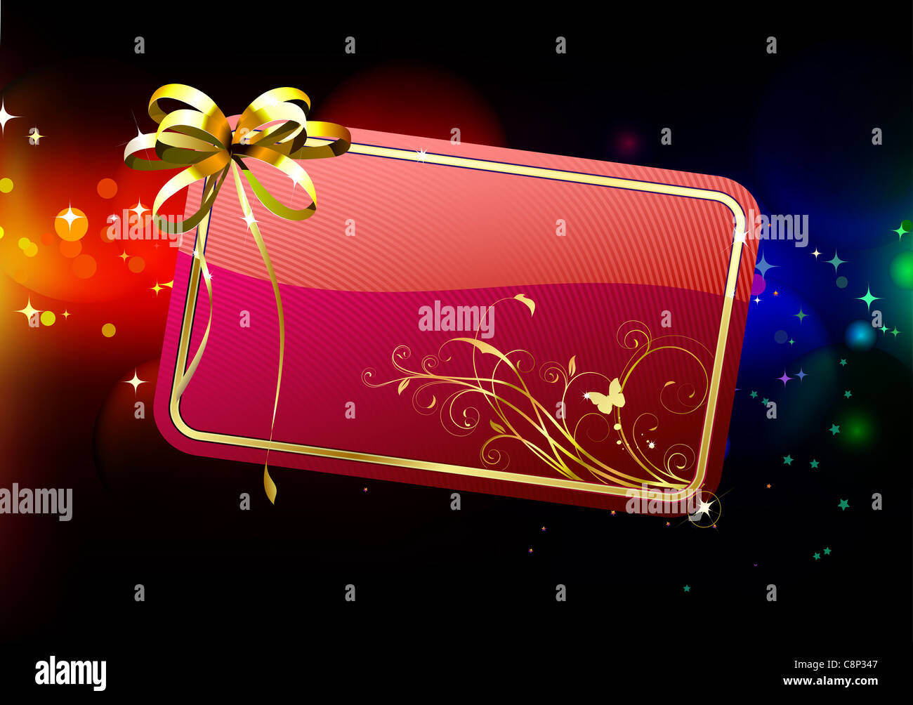 illustration of red decorated gift card with golden ribbon and bow on ...