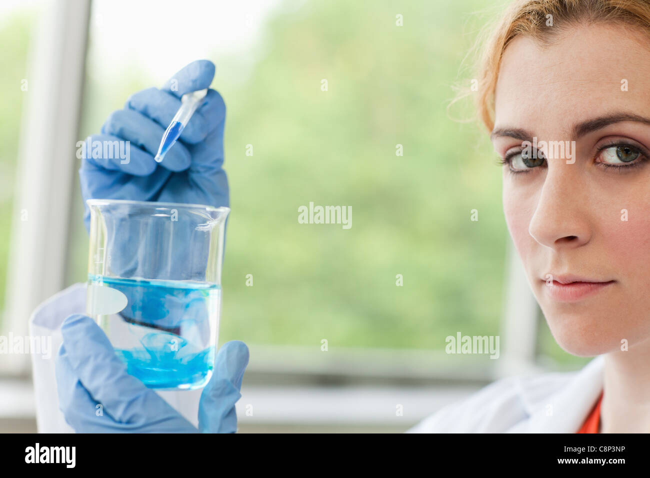 Scientist dropping liquid in a beaker Stock Photo - Alamy