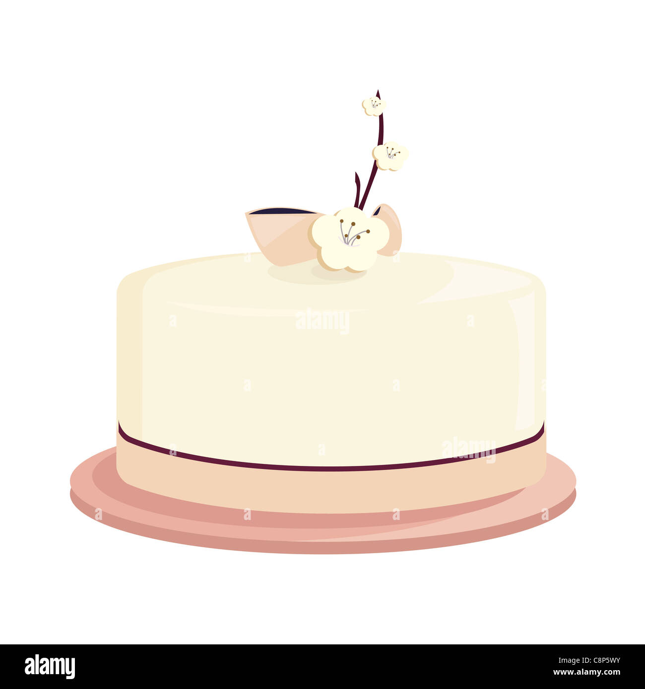 One layer cream colored cake with ribbon, flower and branch decoration ...