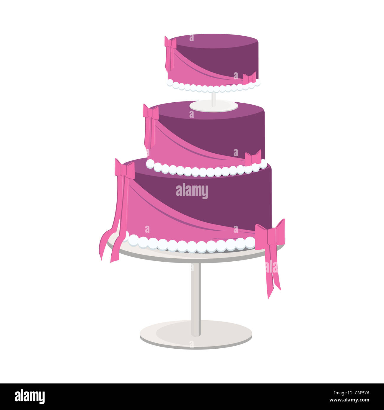 Purple cake with three levels, purple bows, and white decorative ...