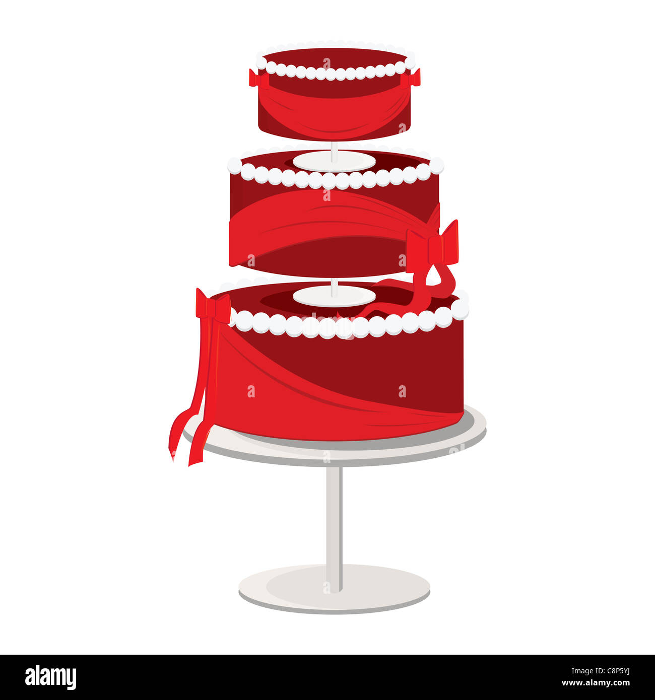 Red three level cake with red bows and white piping Stock Photo - Alamy
