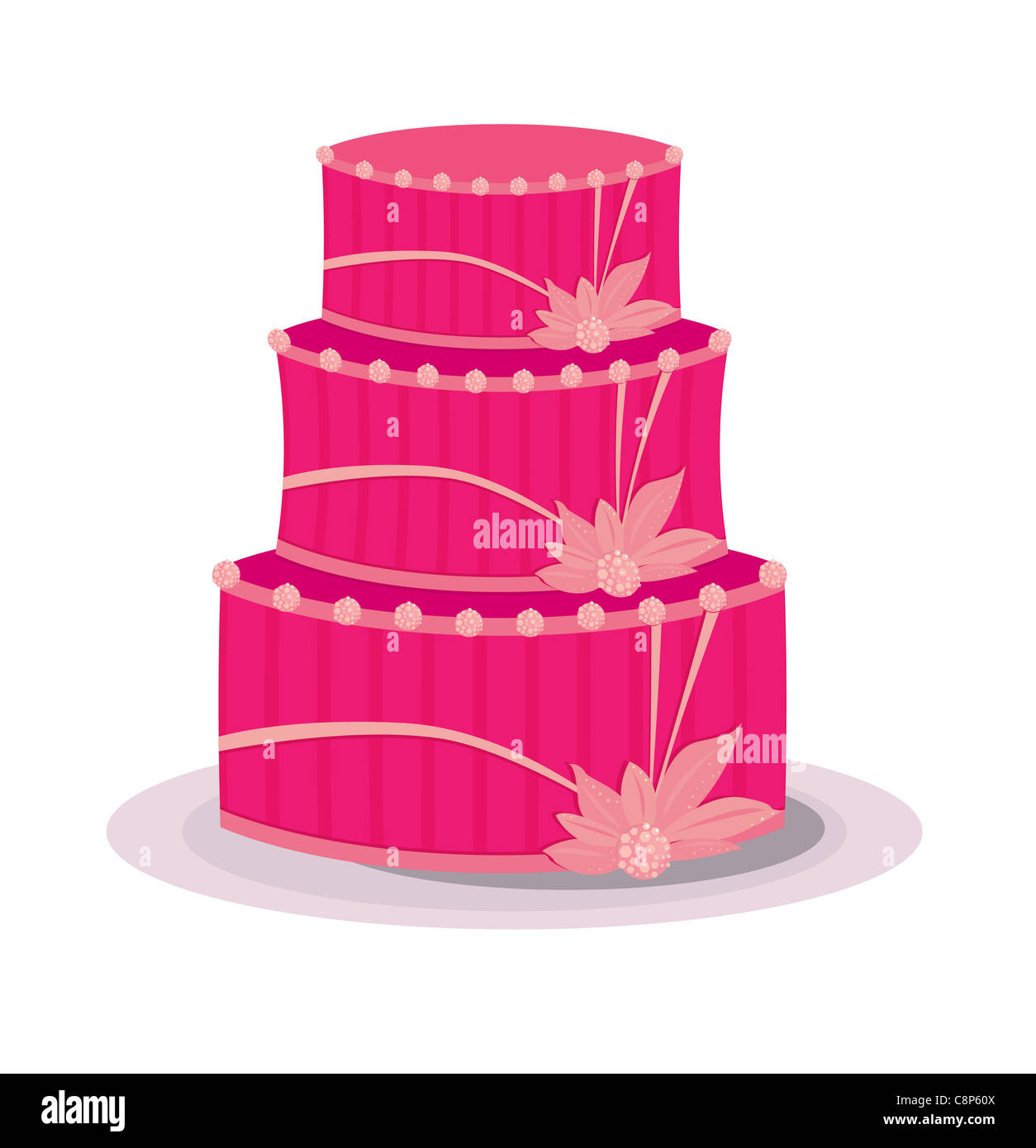Pink striped three layer cake with light pink decorations Stock Photo ...
