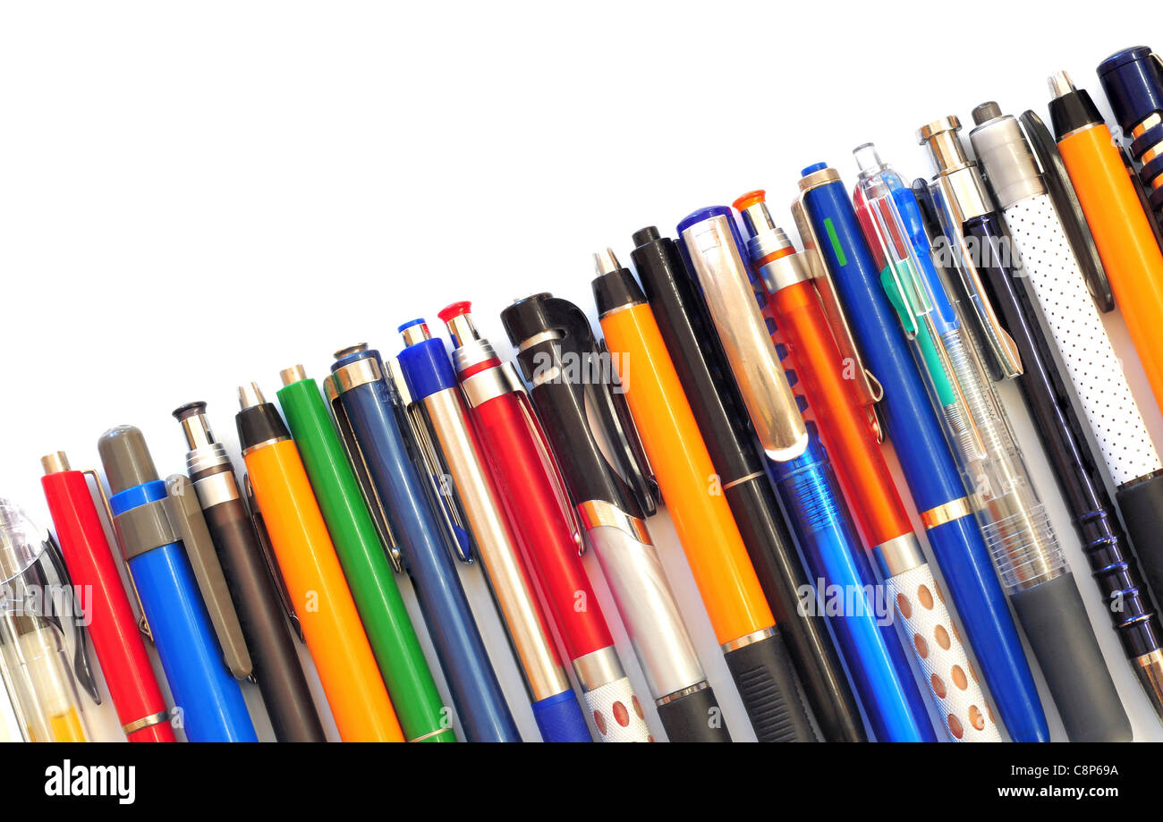 Group of multicolored ball pens on white background Stock Photo - Alamy