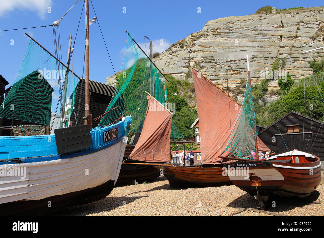 Hastings UK. Historic old fishing boats on display in the Maritime ...