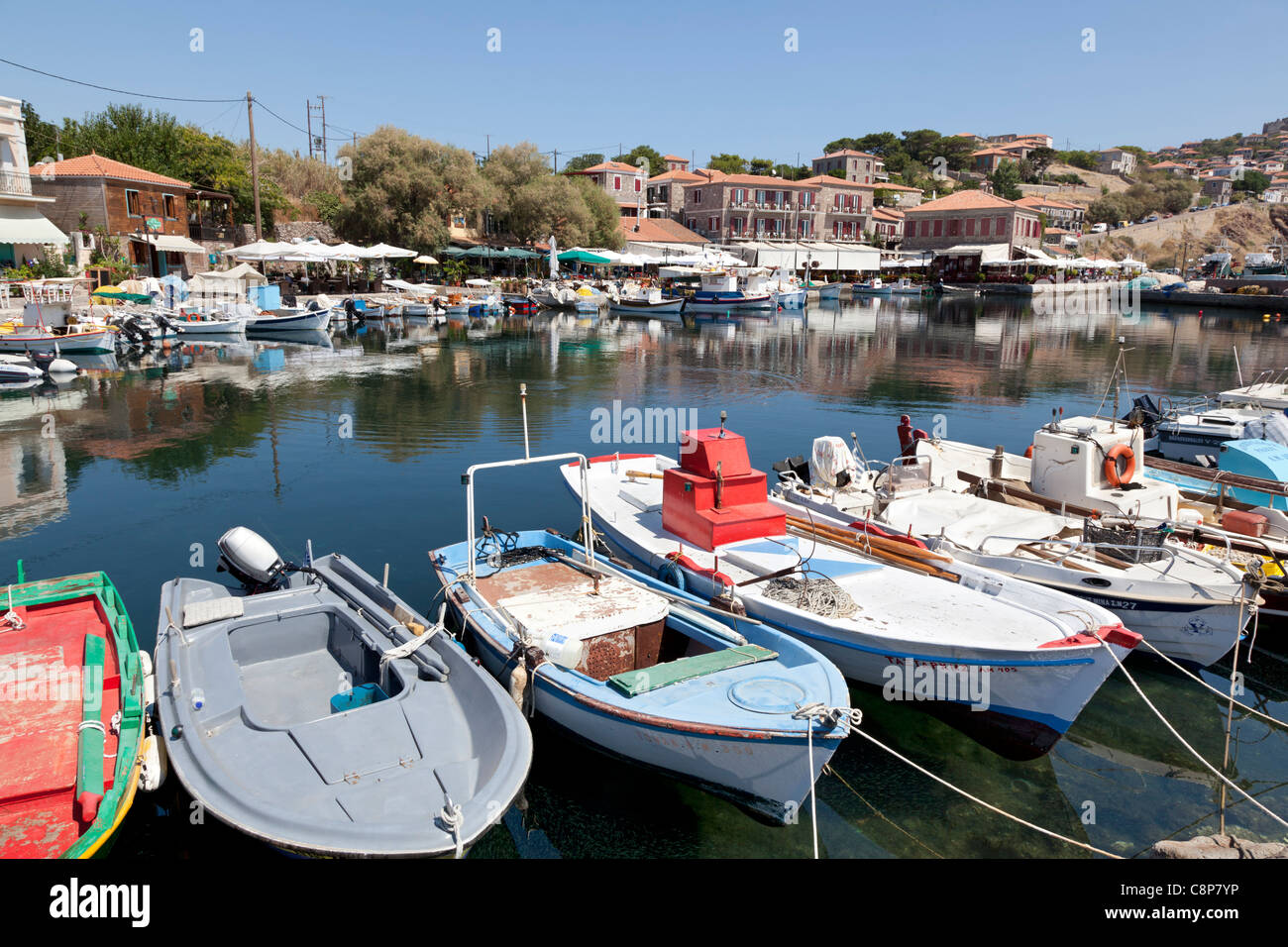 Coloured boats at the harbour of Mithymna, Lesbos , Greece Stock Photo ...