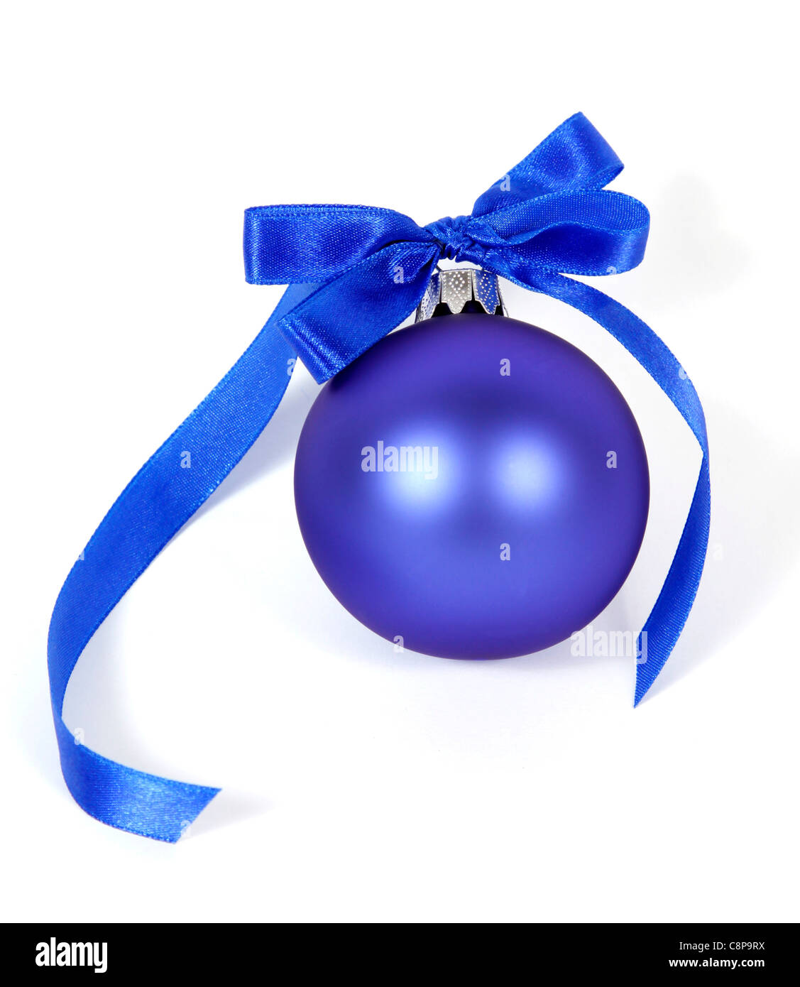 Blue bauble with the blue ribbon on the white background Stock Photo ...