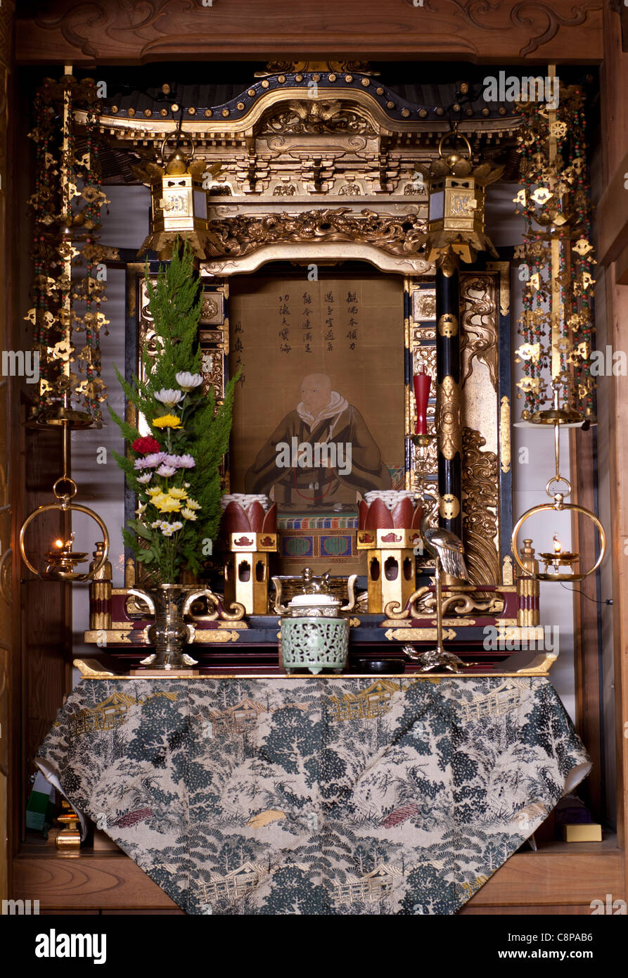 Religious objects in Jokoji Temple of the Jodo Shinshu sect of Buddhism ...