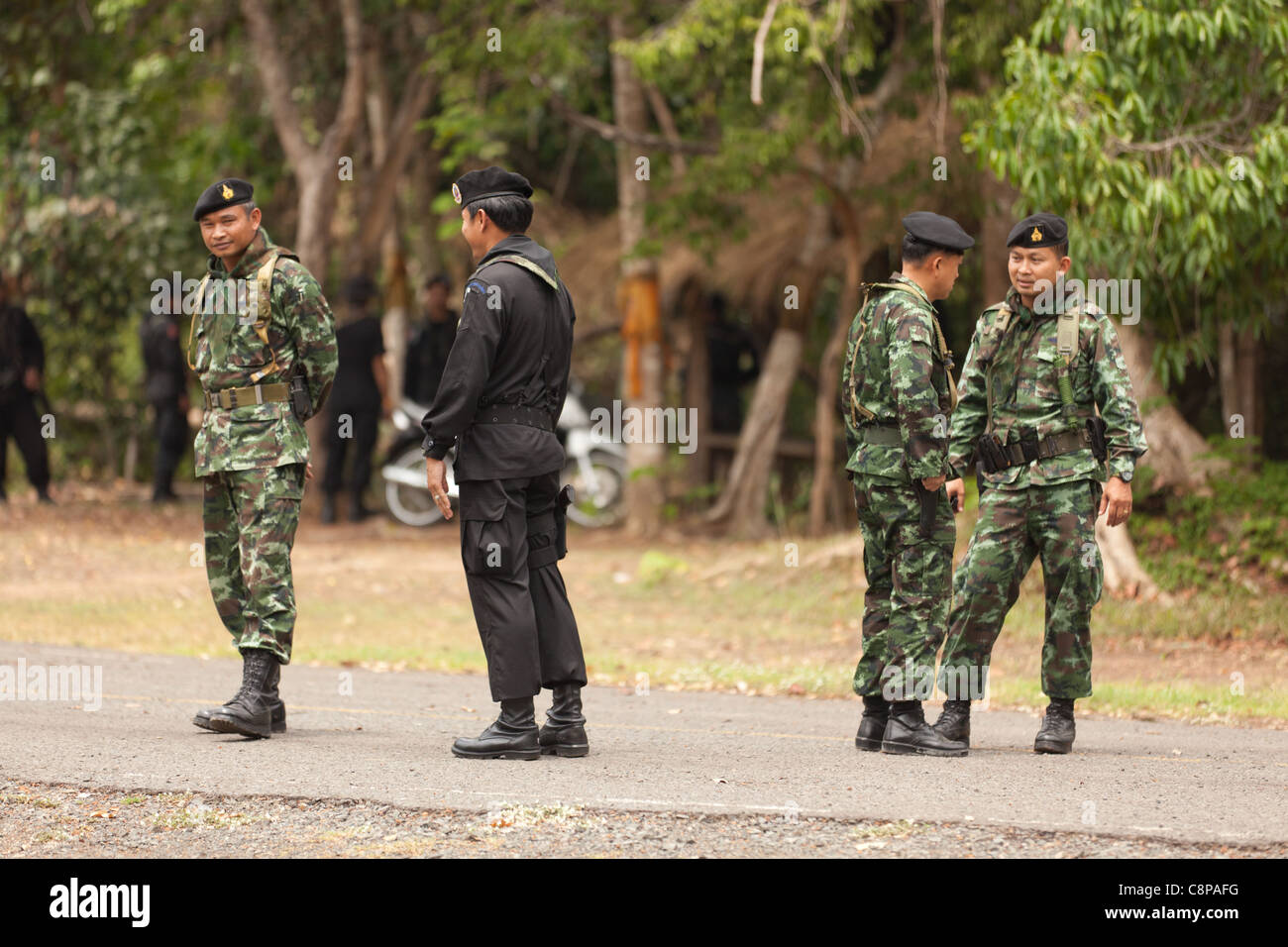 thai soldier near the cambodia border at the khmer temple Ta Moan Thom ...