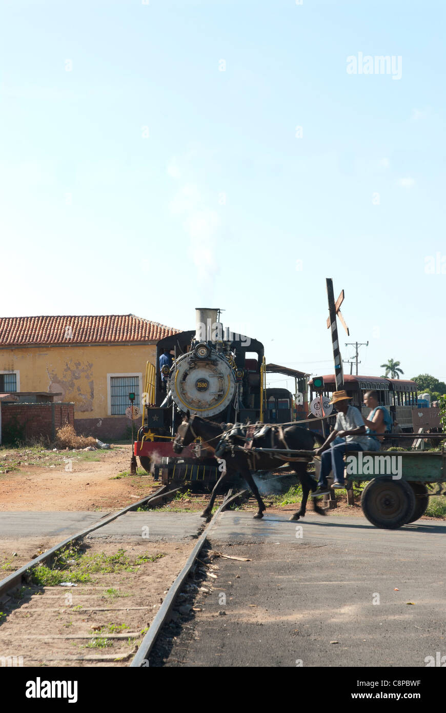 Steam train with horse and carriage Cuba Stock Photo - Alamy