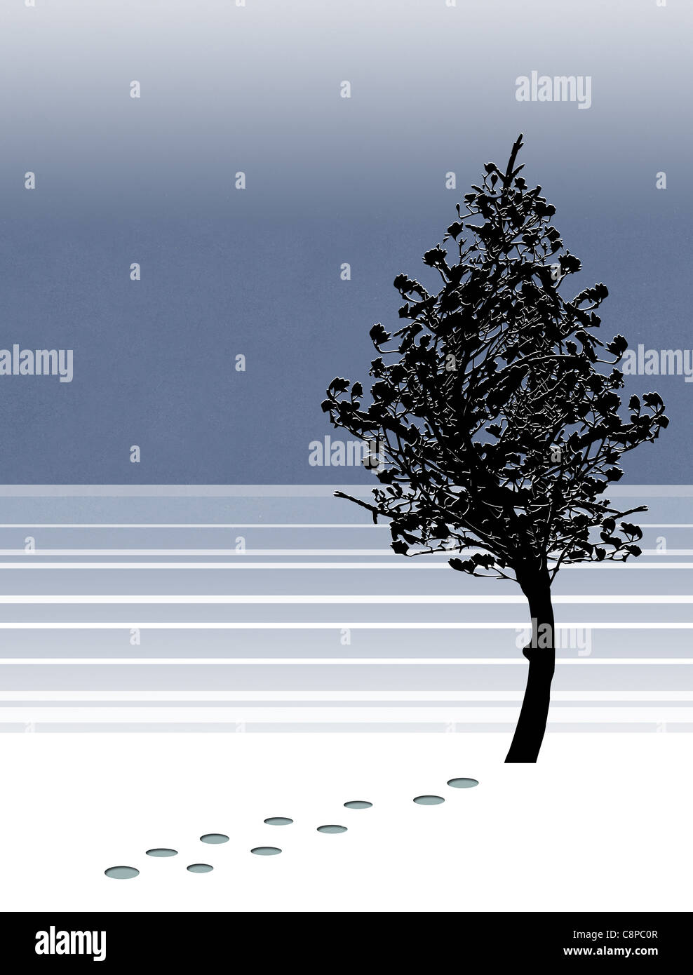 Cut-out style illustration of tree in snow and footprints Stock Photo ...
