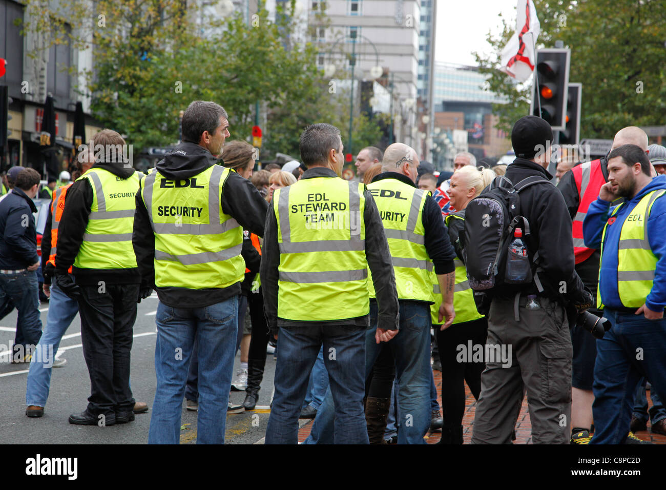Members of the English Defence League (EDL). Marching down Broad Street ...