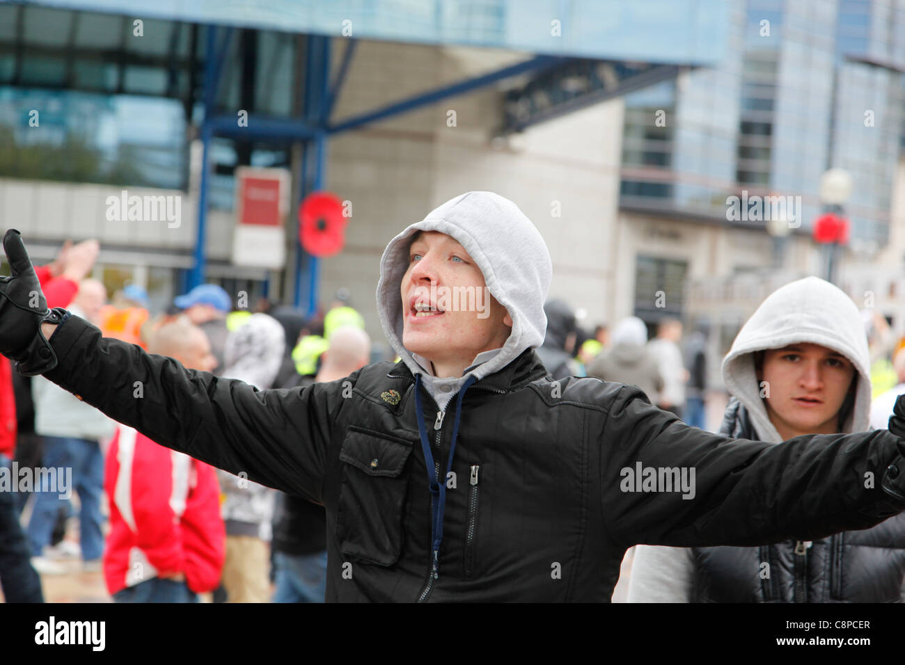 EDL Member poses for cameras during demonstration in Centenary Square ...