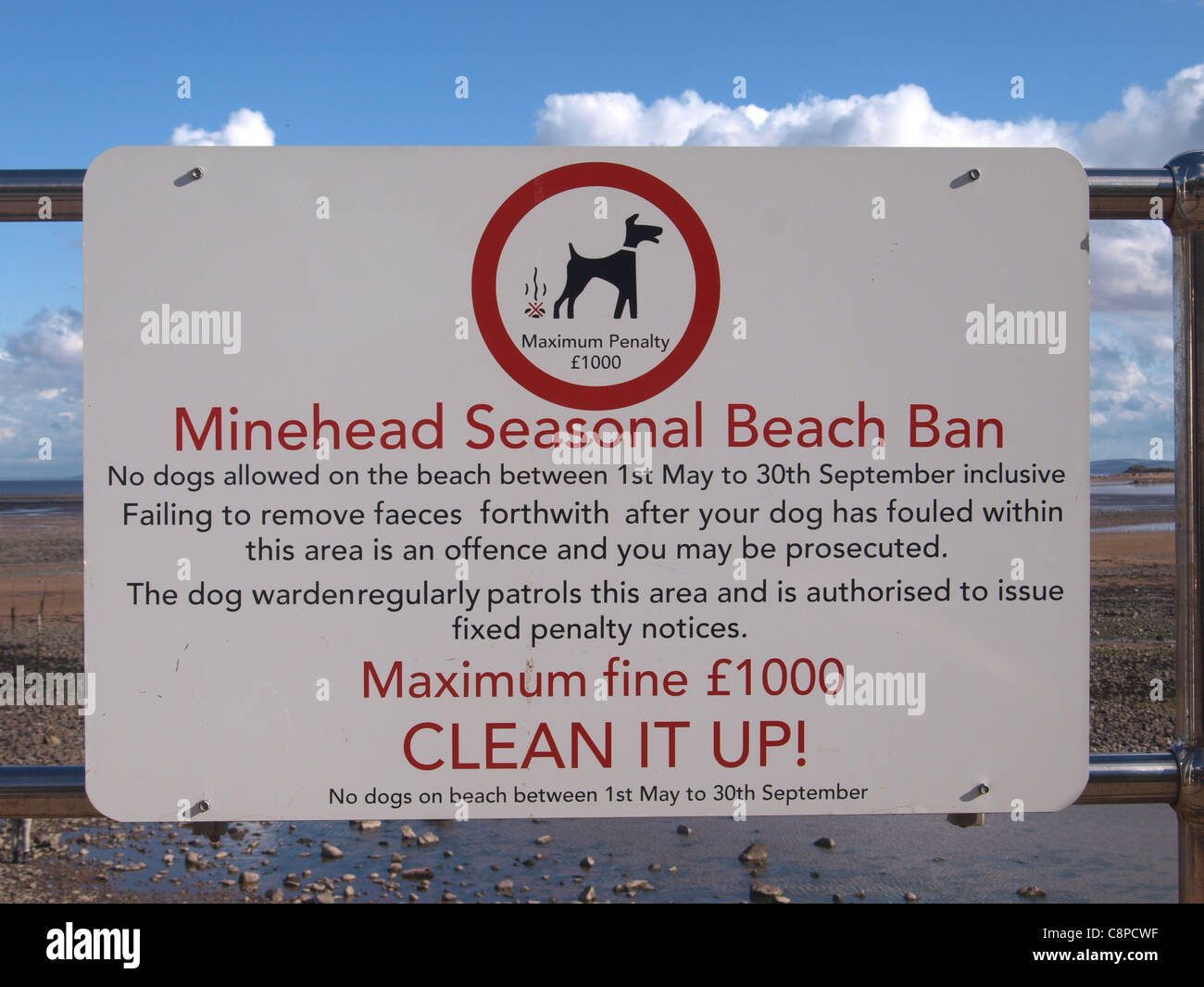 Sign by beach at Minehead, Somerset explaining seasonal banning of dogs ...