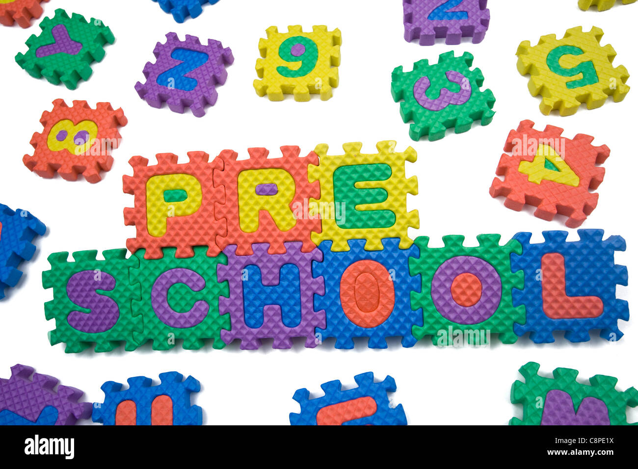 Preschool written in foam letters isolated on white background Stock ...