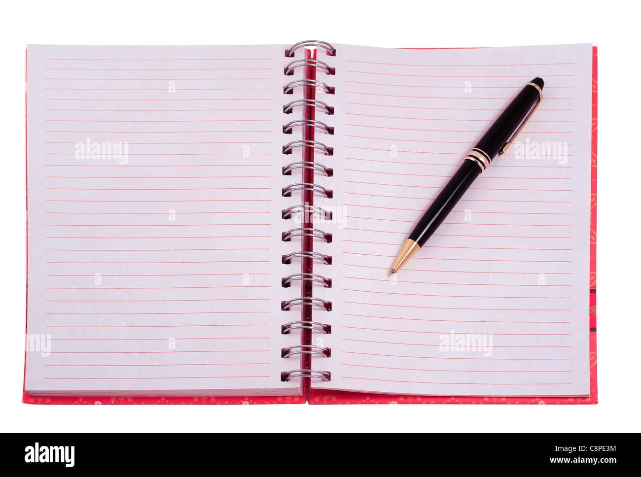 An open notebook showing two blank pages with a pen on one page ...