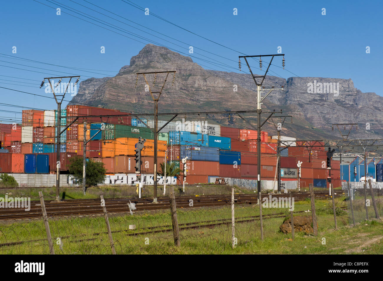 Containers and railway track Table Mountain in the background Cape Town ...