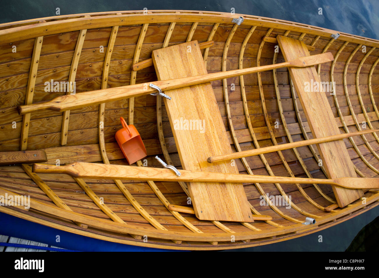 Oars and interior of a traditional wooden rowboat , Finland Stock Photo ...