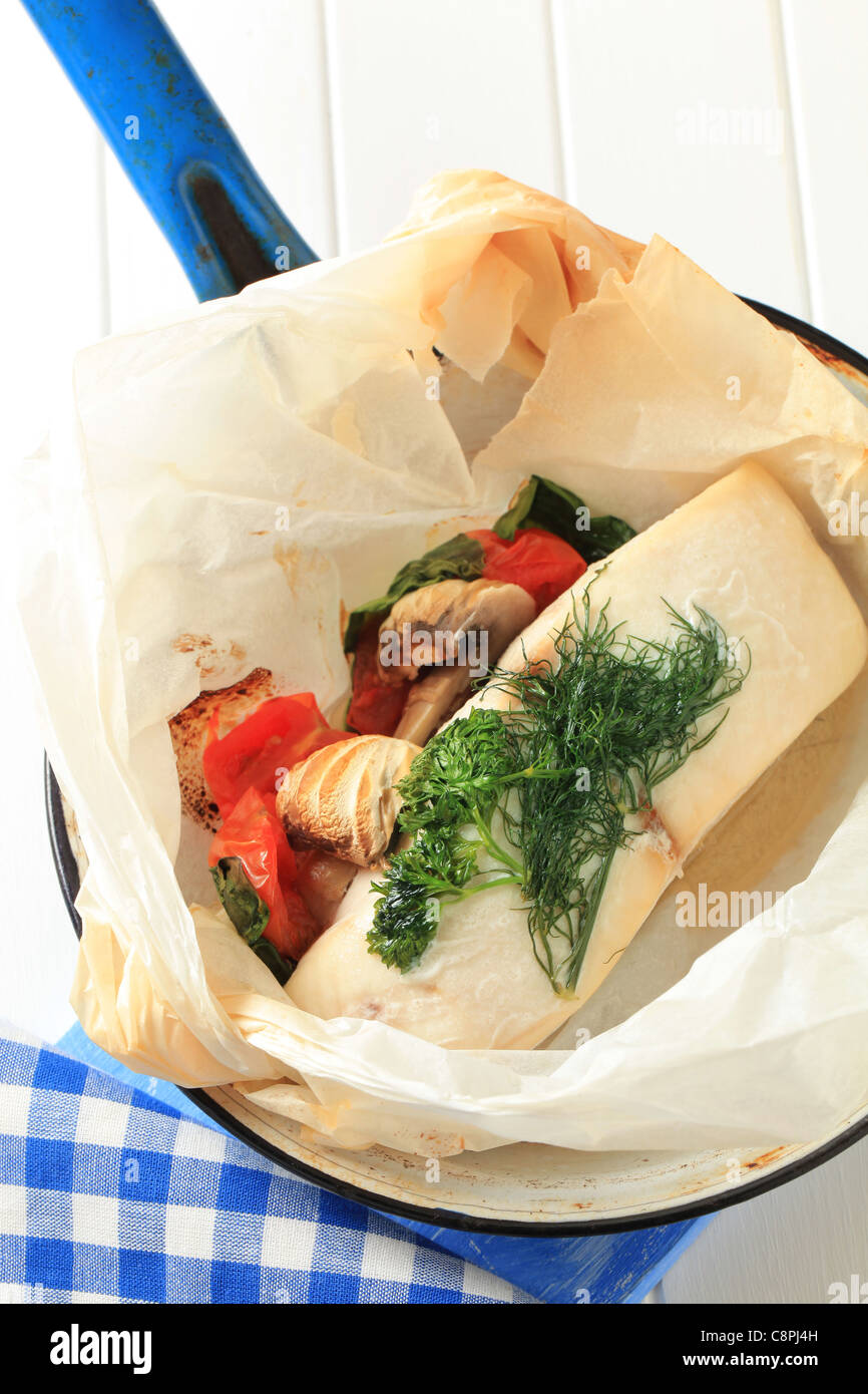 Butterfish fillet baked with mushrooms and vegetables Stock Photo - Alamy