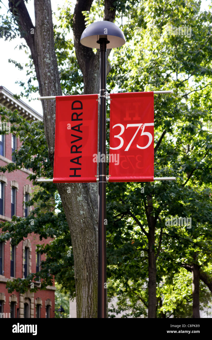 A celebratory banner for the 375 year anniversary of Harvard University ...