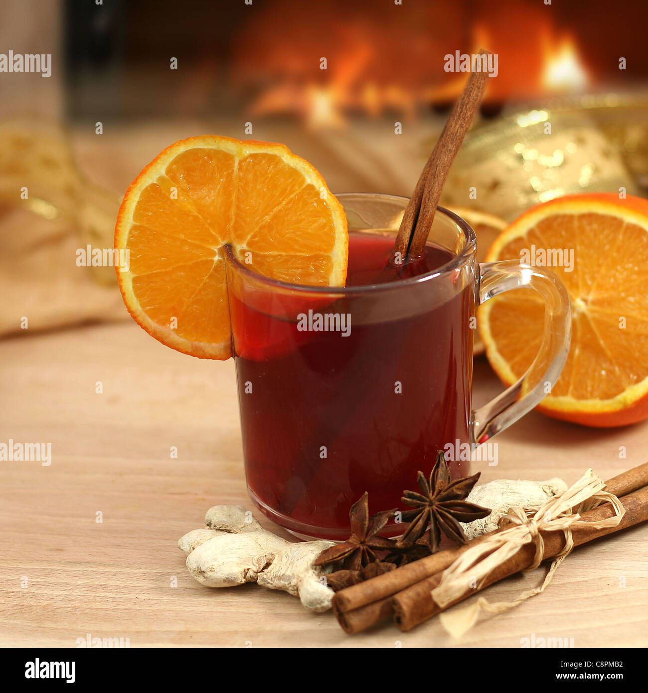 hot winter tea and background with fireplace Stock Photo - Alamy