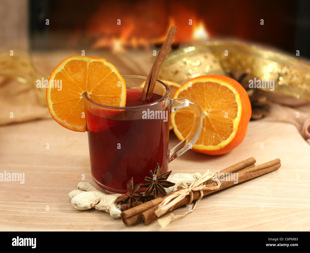 hot winter tea and background with fireplace Stock Photo - Alamy