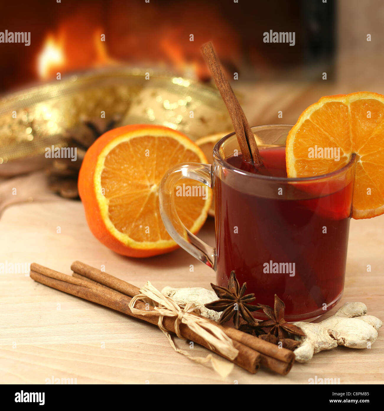 hot winter tea and background with fireplace Stock Photo - Alamy