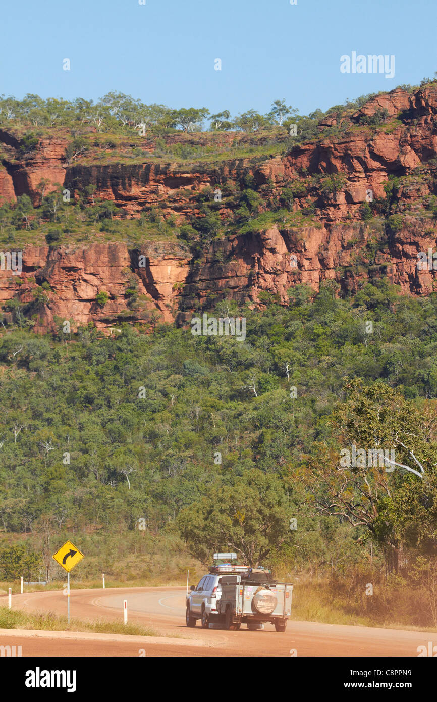 4WD, camper trailer, and escarpment, Victoria Highway, Victoria River ...