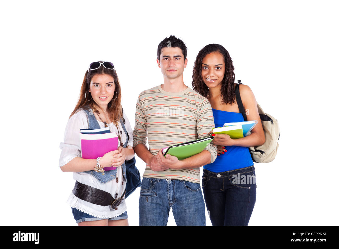 Three happy students holding books (isolated on white Stock Photo - Alamy