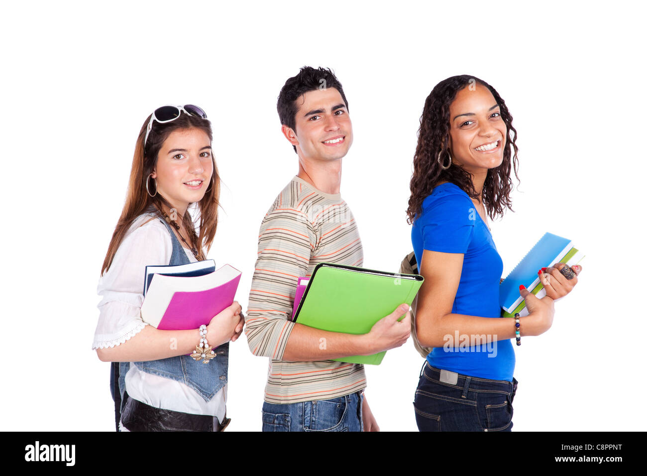 Three happy students holding books (isolated on white Stock Photo - Alamy
