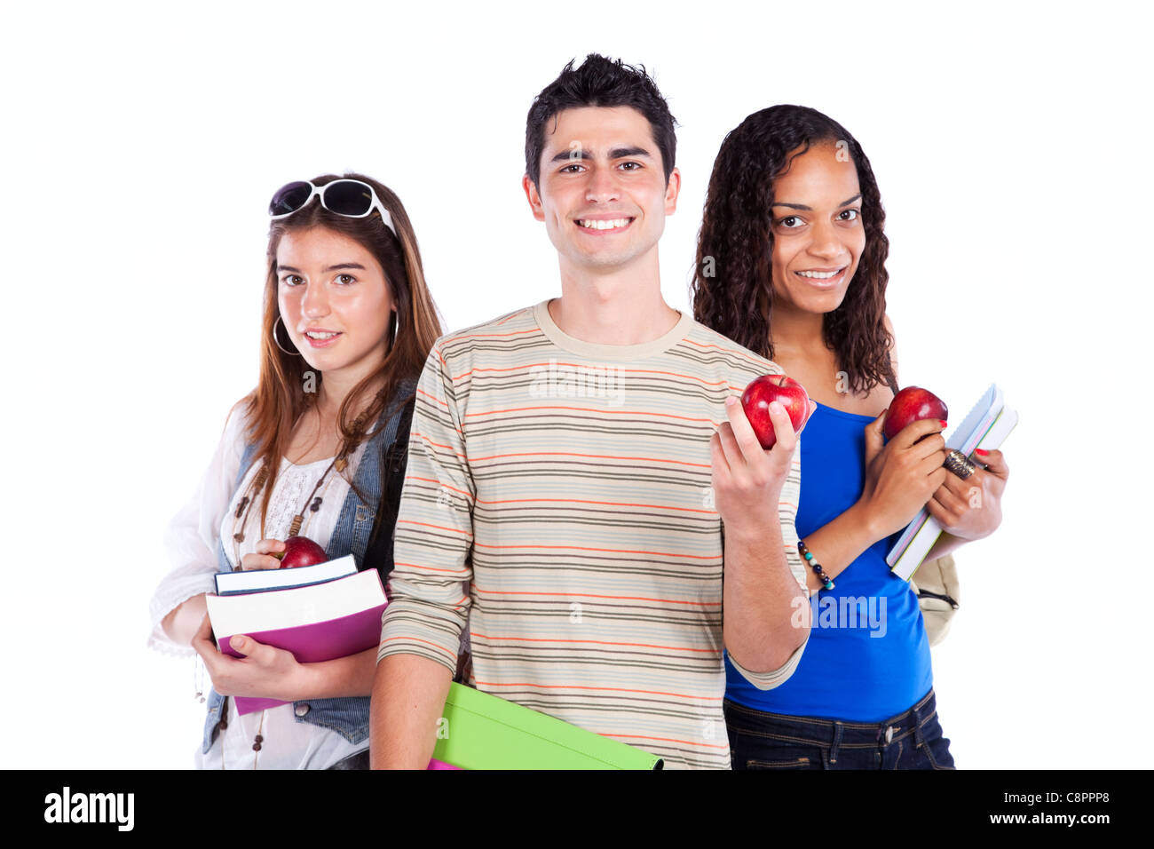 Three happy students holding books (isolated on white Stock Photo - Alamy